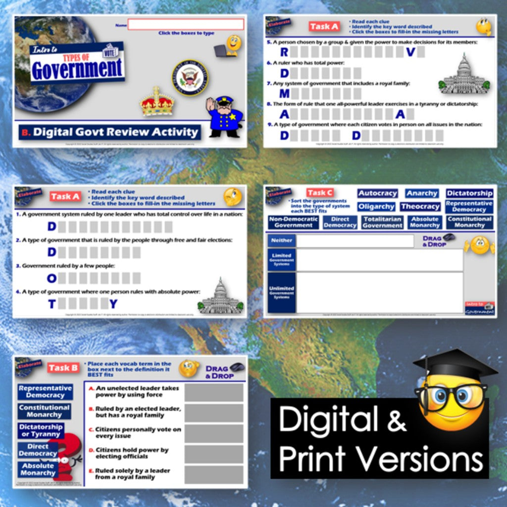 Types of Government Practice Activities - Vocabulary Review - Print ...