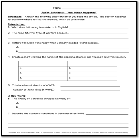 How Did Hitler Happen Reading Comprehension Worksheet | WWII Europe ...
