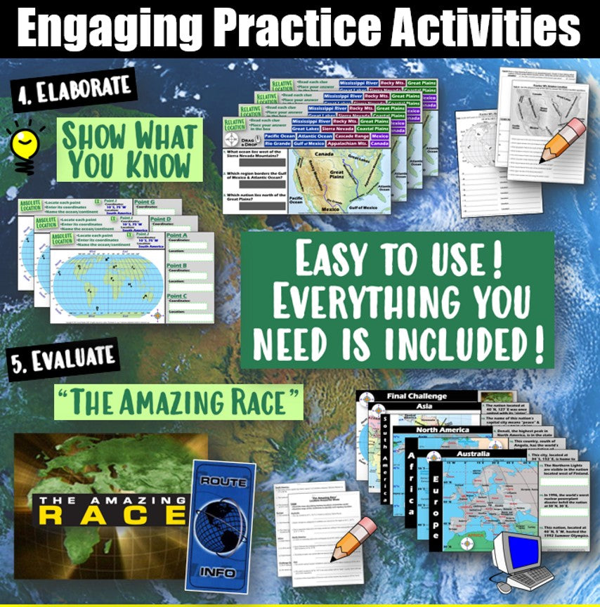 Explore Absolute and Relative Locations 5-E Lesson | Map Practice | Go ...